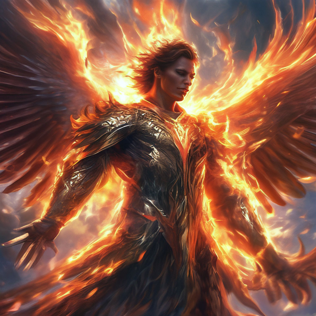 "Phoenix man, birth from ashes, fiery wings, glare, sparks, play of ...
