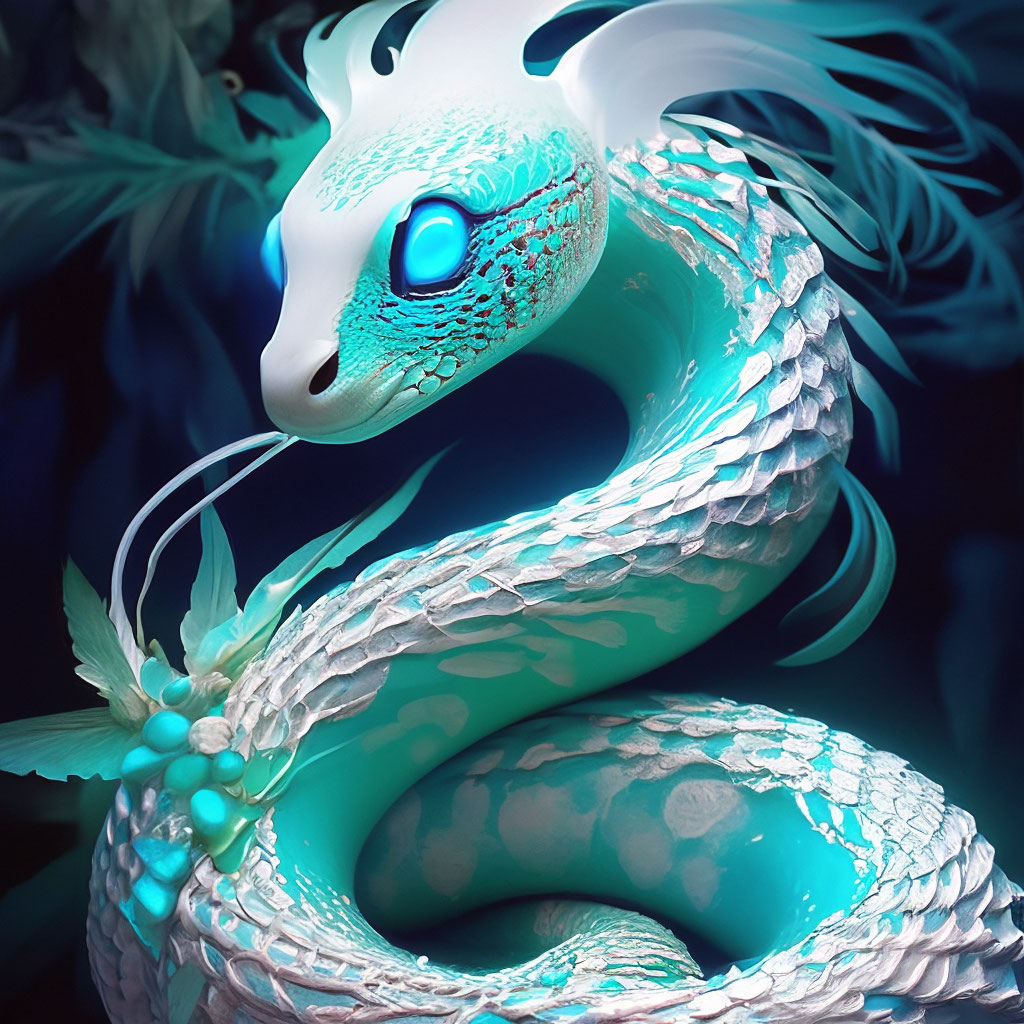 "Beautiful aquamarine magic snake, white feathers grow from the back ...