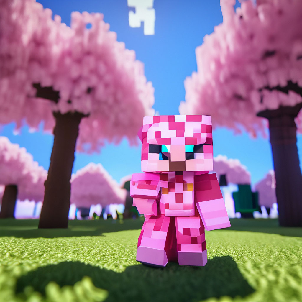 "A large live square pink cute cherry berry from minecraft stands under ...