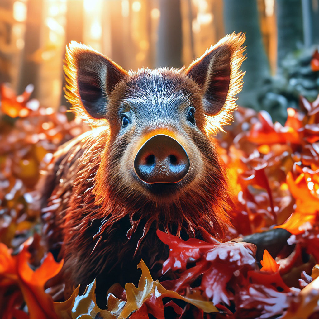 "Cute red boar dripping in oak leaves, fur detailing, expressive eyes ...
