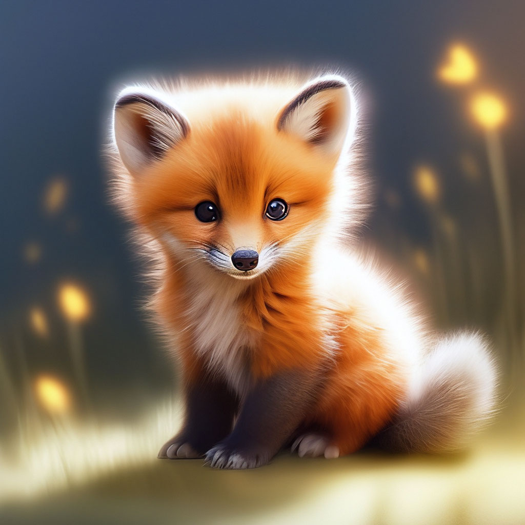 "A small fluffy fox cub super realistic bright drawing of small details ...