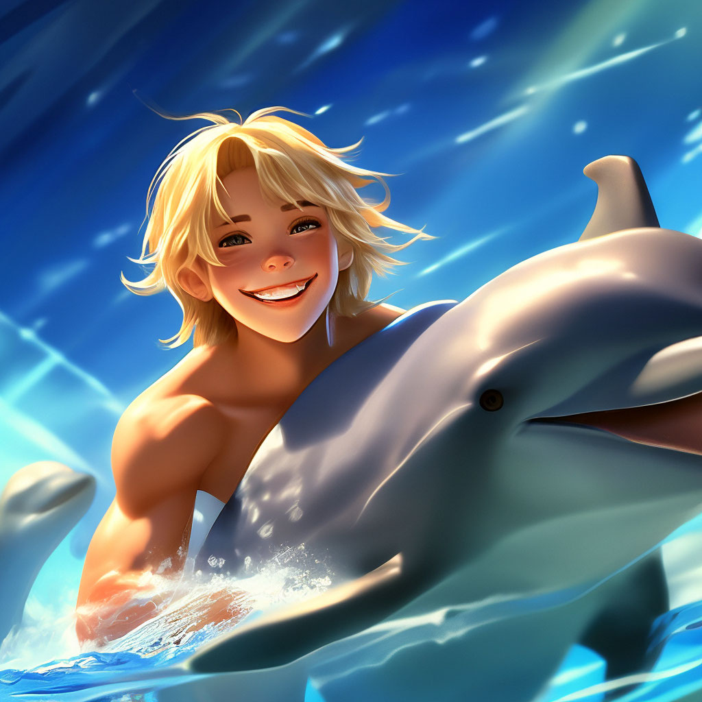 ",handsome,happy,boy,rushes, swims on a big dolphin ,side view ...