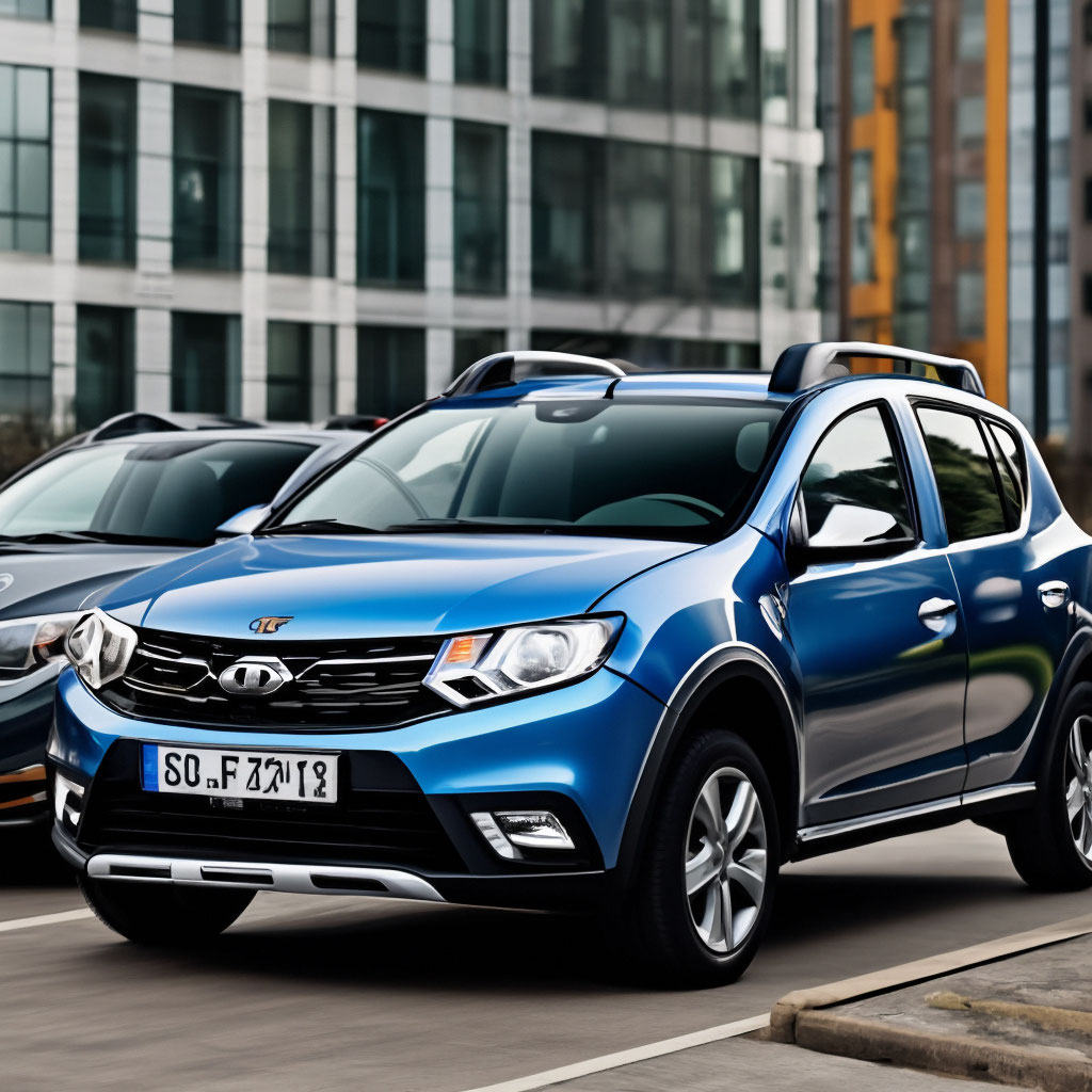 "Blue-Sandero-stepway, gray-Kia-Rio, black-Datsun-on-do, stand near a ...