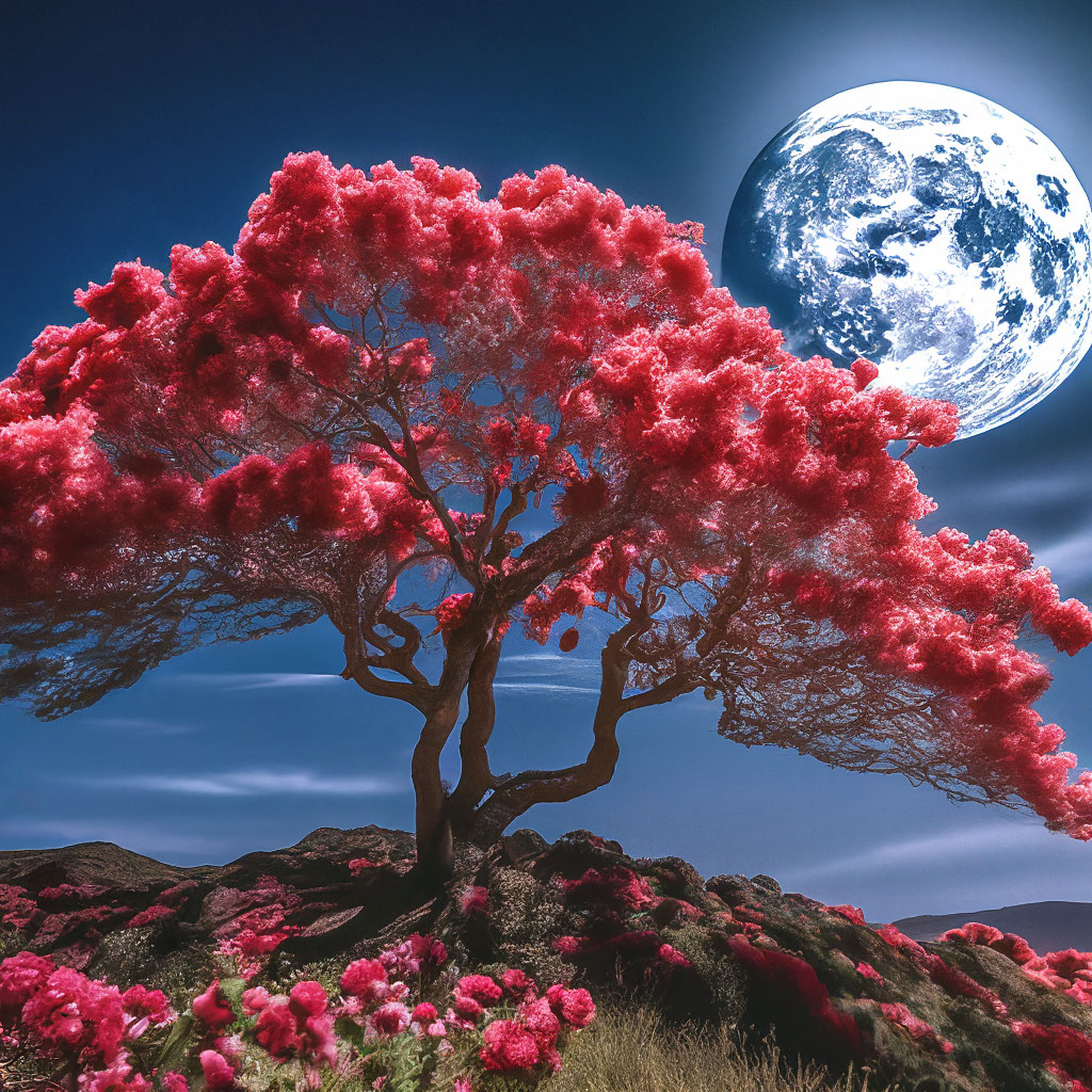 "In the foreground is a stunning tree blooming with red flowers, its ...