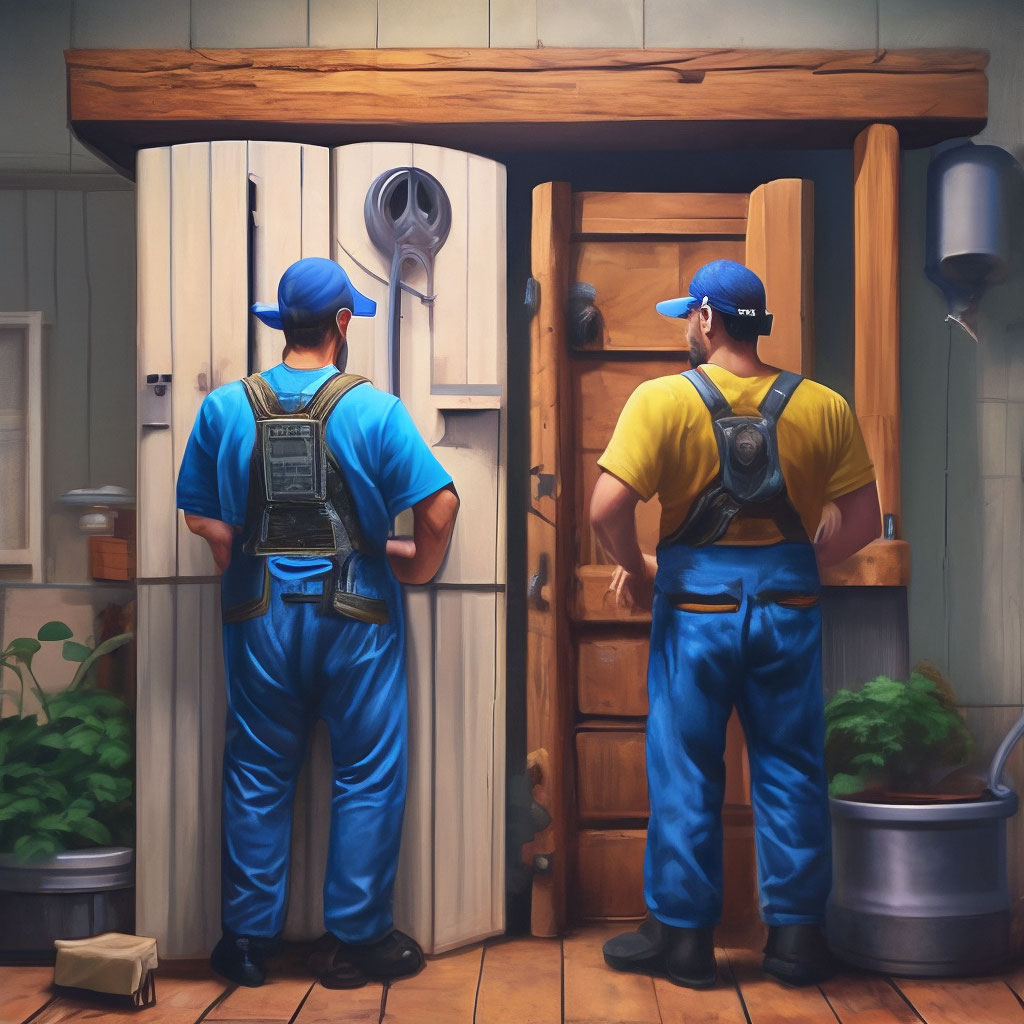 "We are plumbers, we want to fix the plumbing, Two men are standing in ...