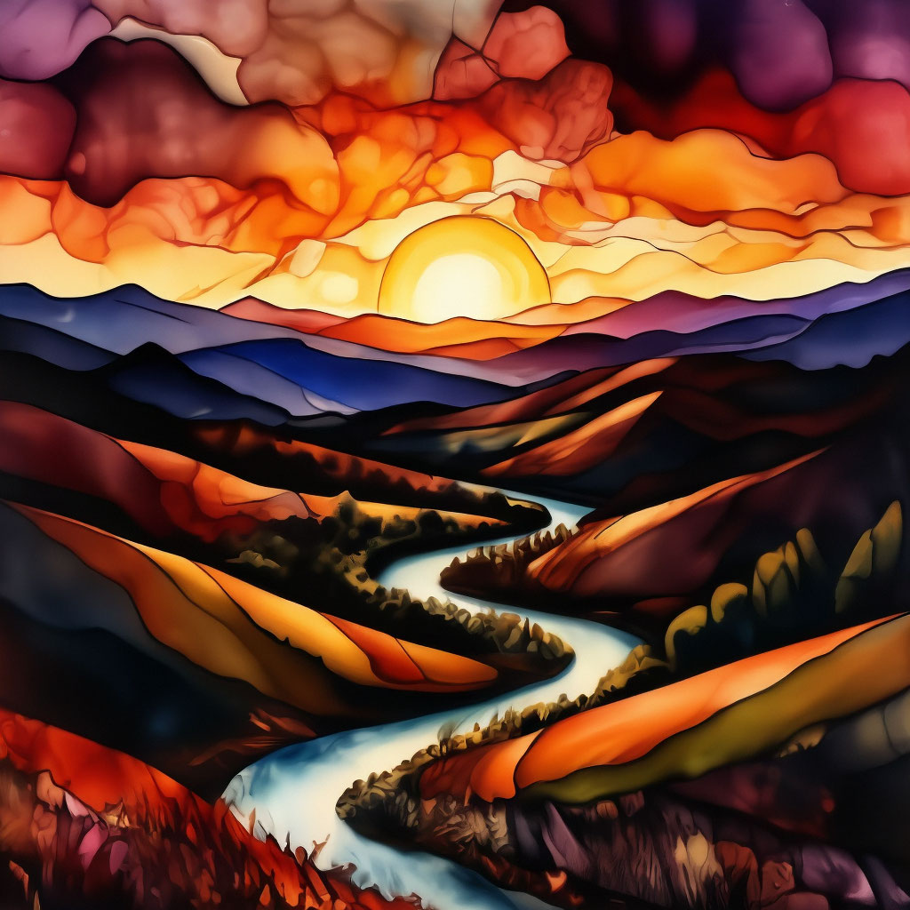 "Follow my voice, hills at sunset, alcohol ink, drawing, blurring, dim ...