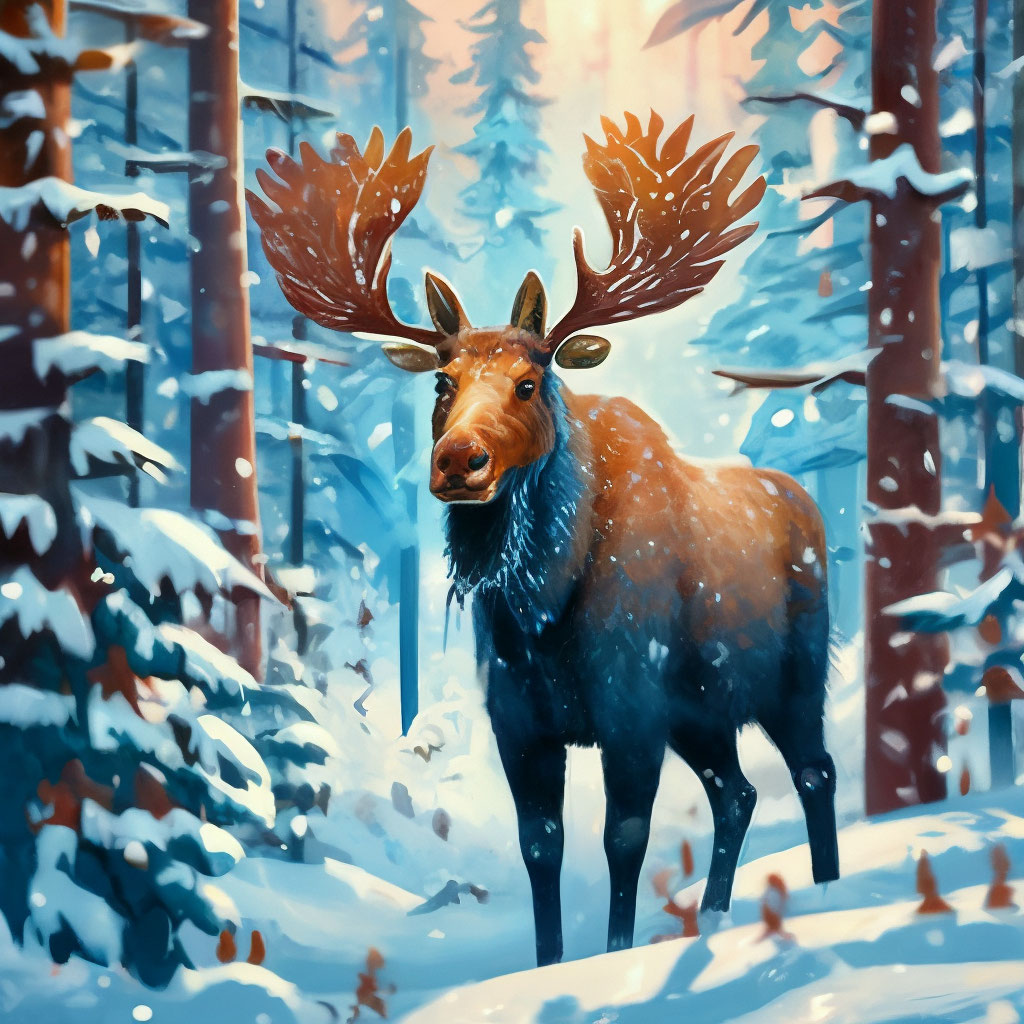 "Beautiful moose in a snow-covered forest, color hand-drawn naive ...