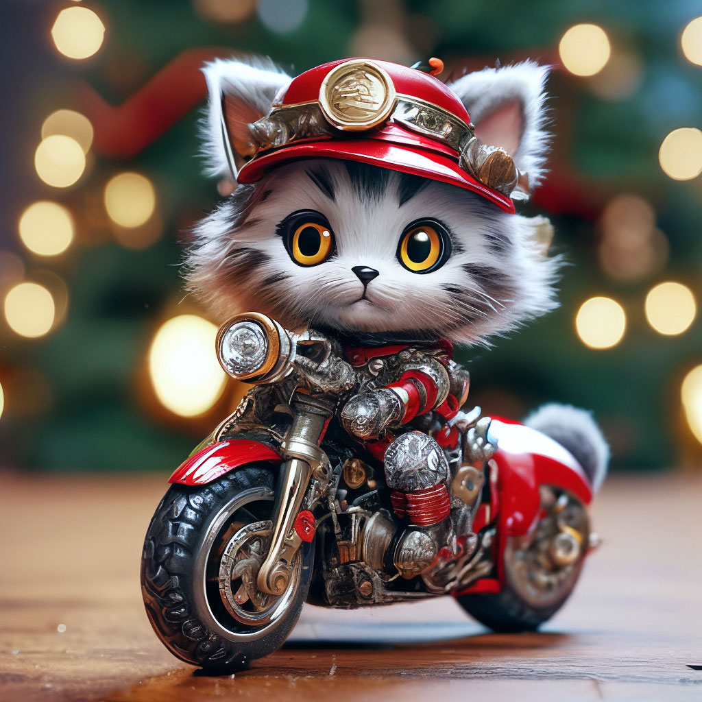 "Christmas tree toy — on a detailed red motorcycle, bug-eyed cute ...