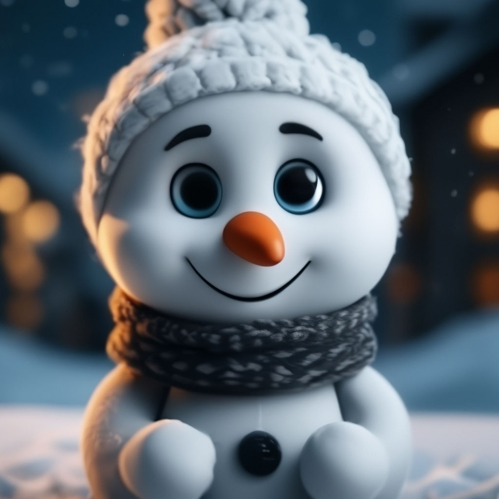 "Cute gentle cartoon snowman sitting, detailed eyes, funny, cinematic ...