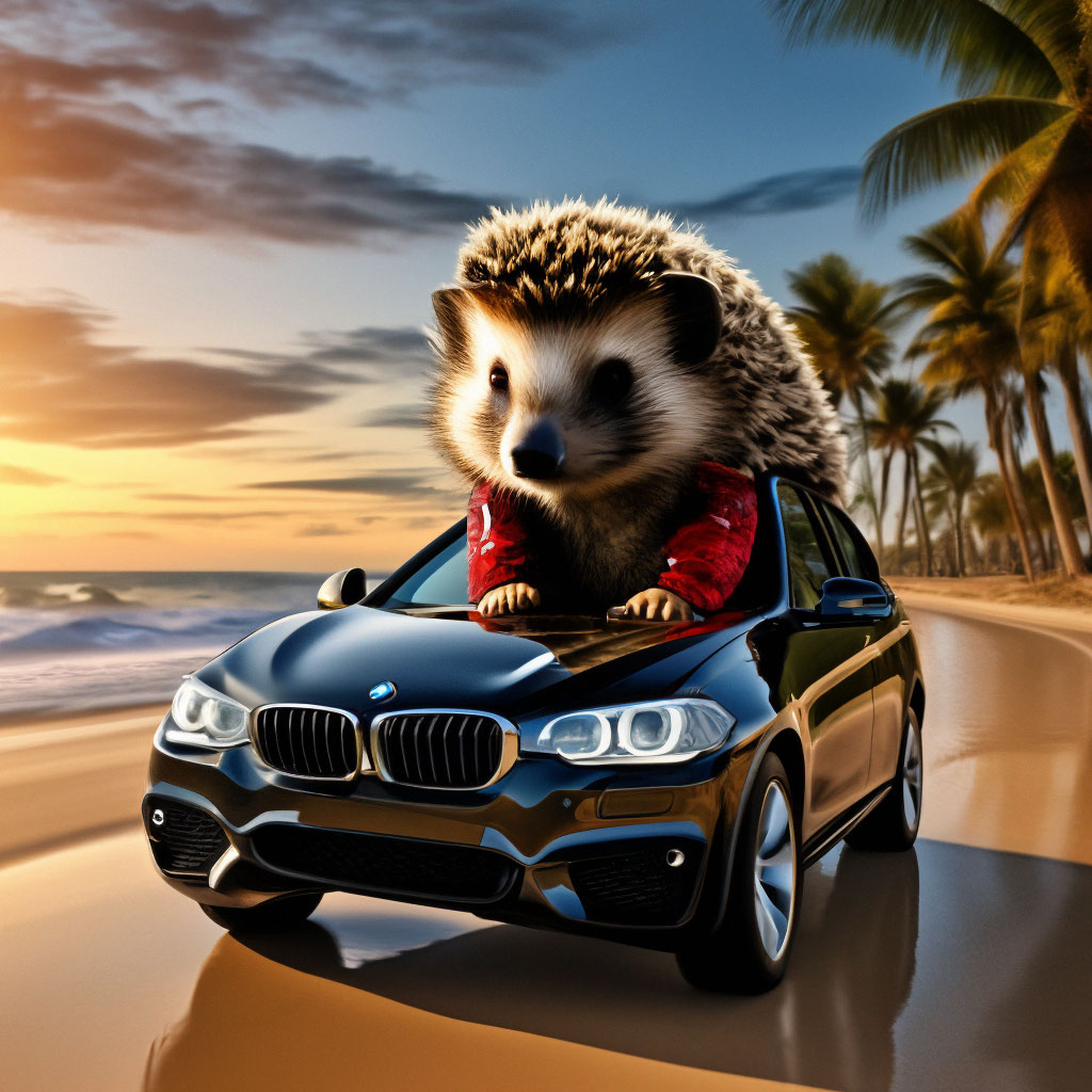 "A hedgehog in a cool red suit driving a black bmv x5 rides along the ...