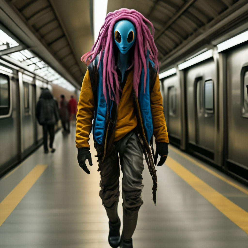 "An alien with colored dreadlocks walks on the ground in the subway ...