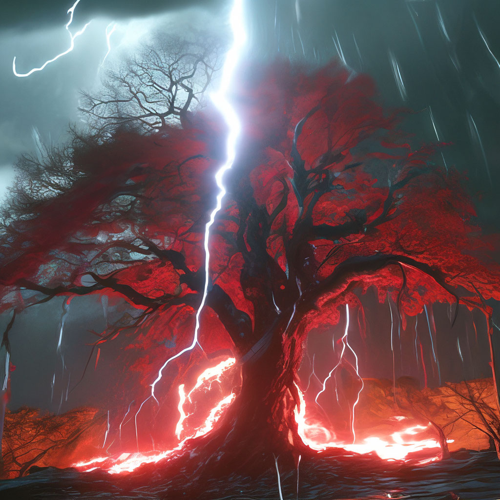 "Lightning hits a tree, red splashes, horror, pain, horror, nightmare ...