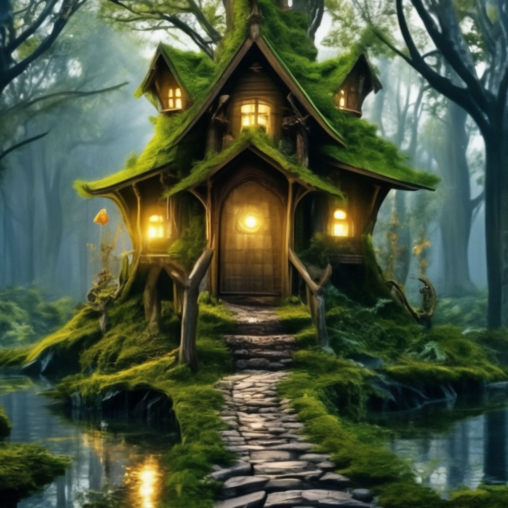 "Shrek's fairy-tale house in a tree, stands on a magical swamp, a path ...