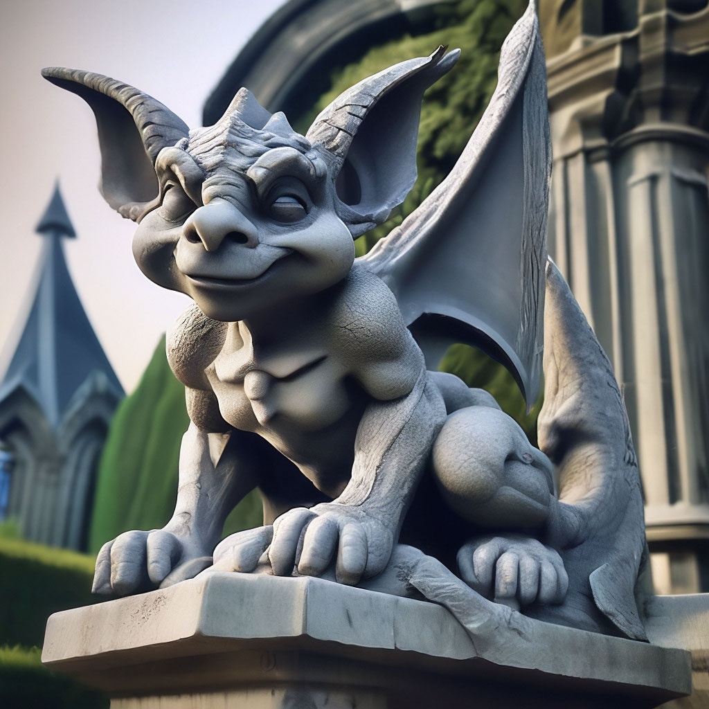 "Sculpture of a cute gargoyle, funny pose, view from the bottom ...