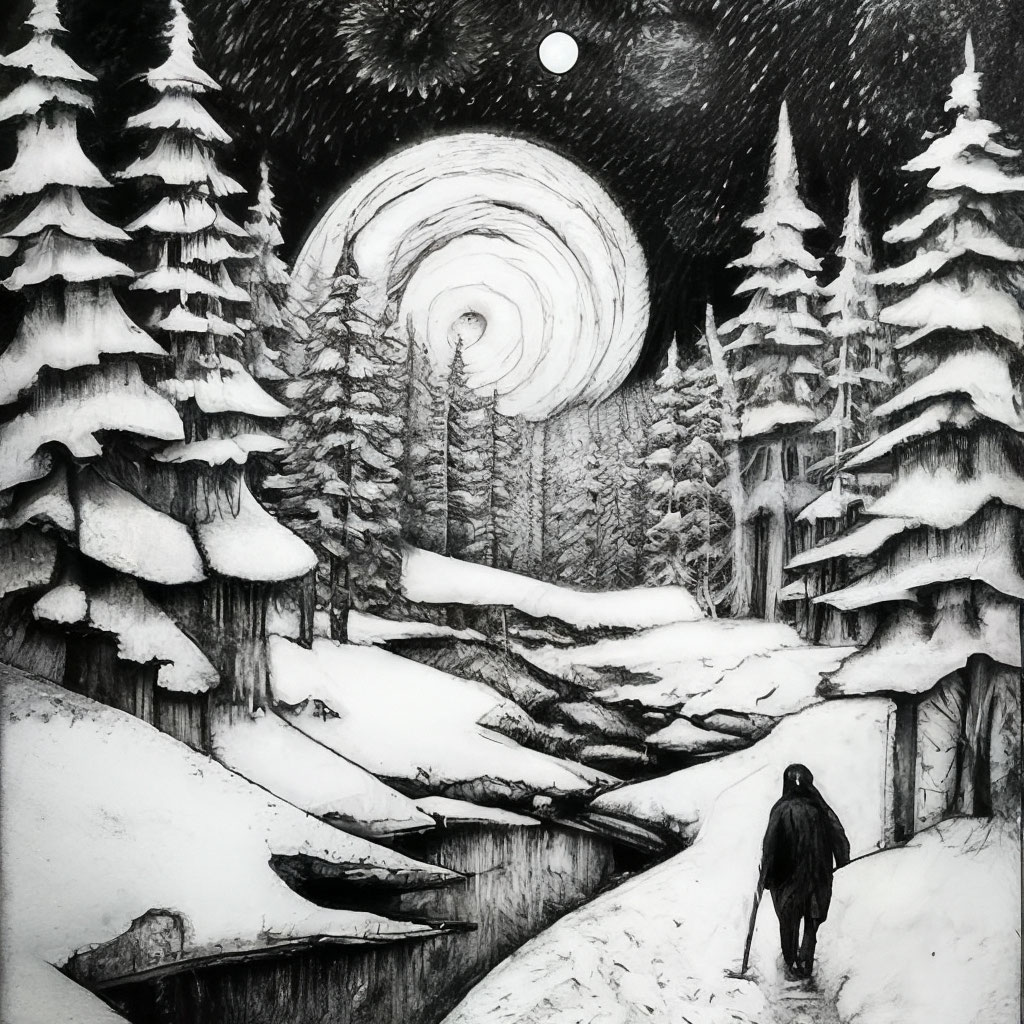 "Snowy world, ink drawing, black and white" — image created in Shedevrum