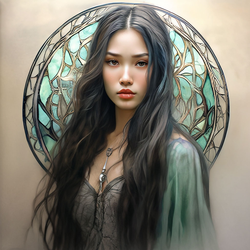"Beautiful Buryat girl, dark long hair, sad eyes, dark clothes ...