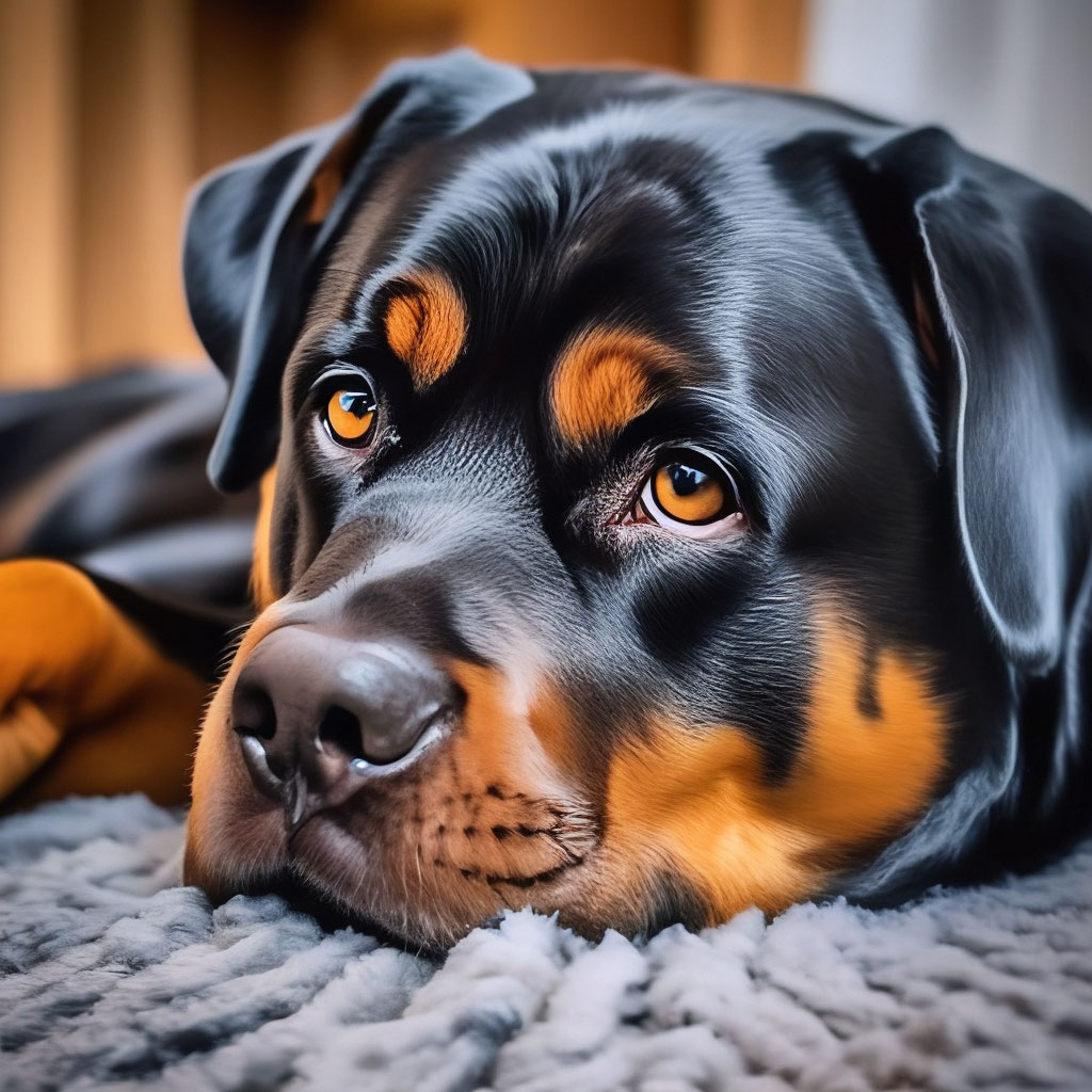 "Rottweiler is lying, very beautiful eyes, the muzzle is drawn in ...