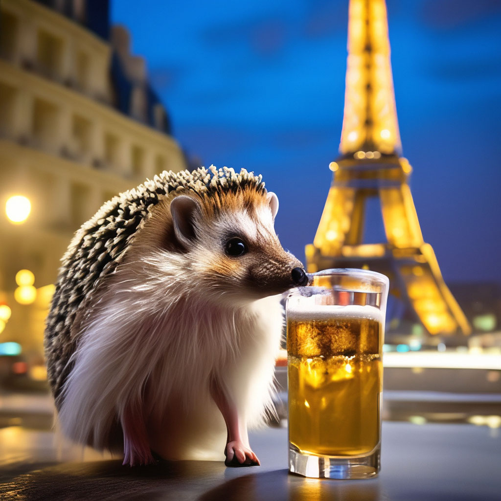 "Hedgehog with beer in Paris🦔🍺" — image created in Shedevrum