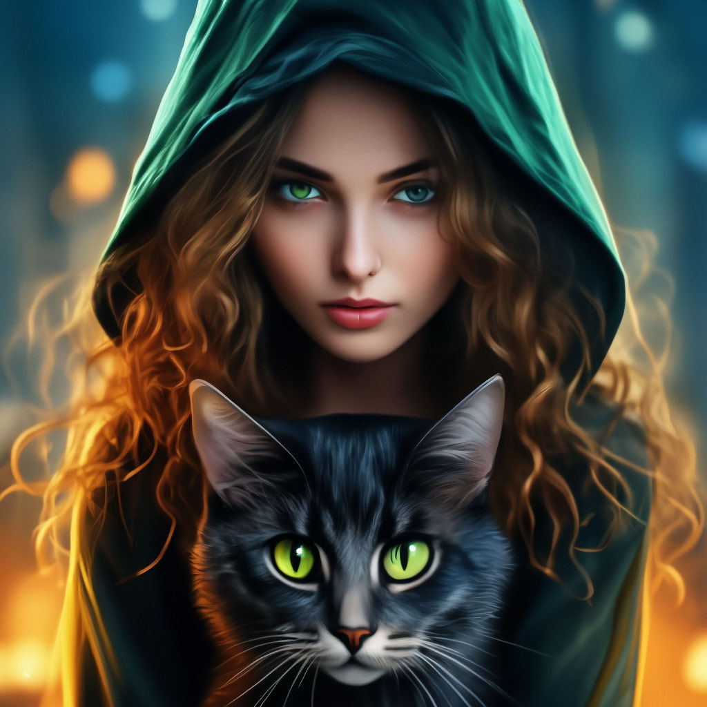"Young bright witch, bright clothes, yellow sweet shot, black fluffy ...