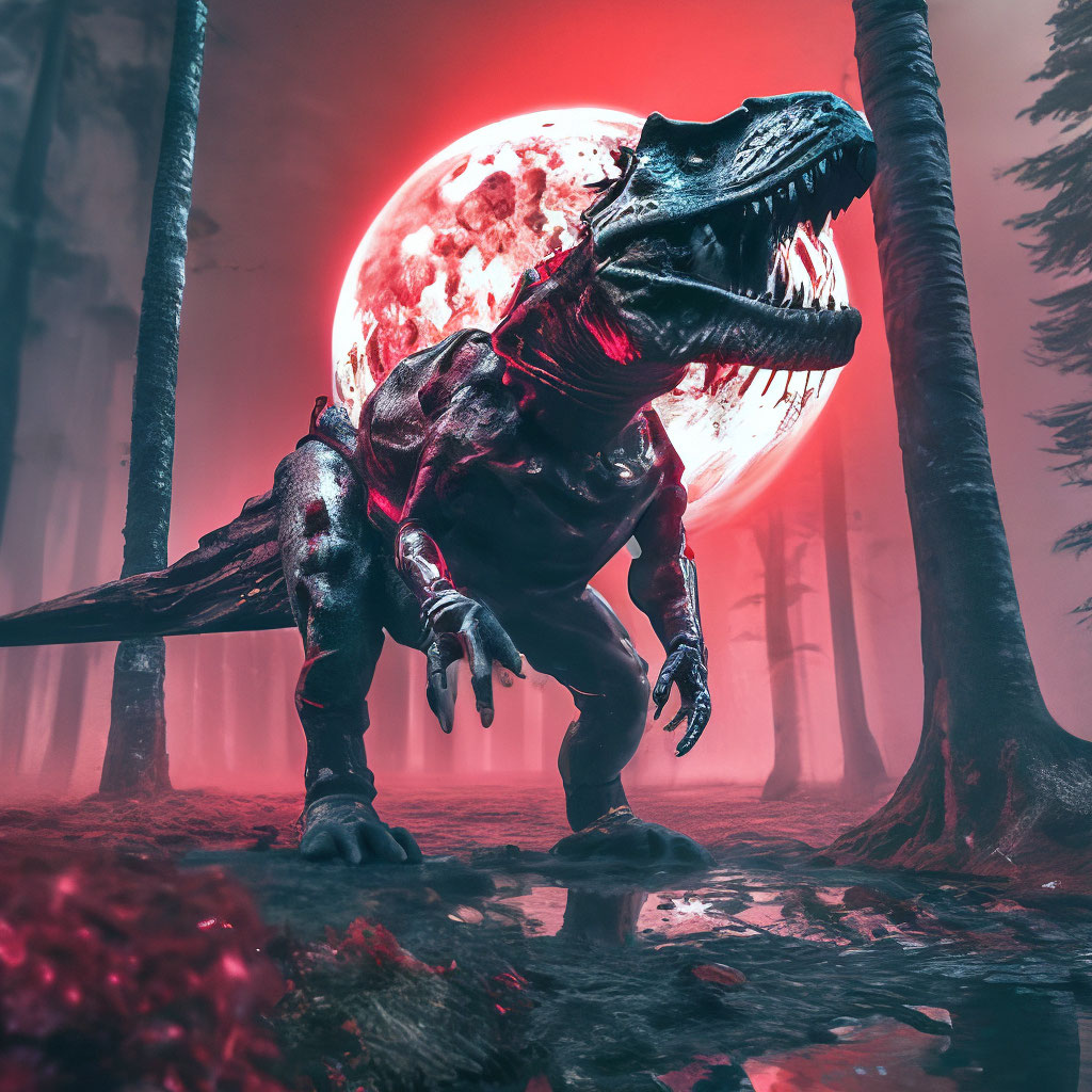 "Red cybernetic T Rex, standing in a black forest, against the ...