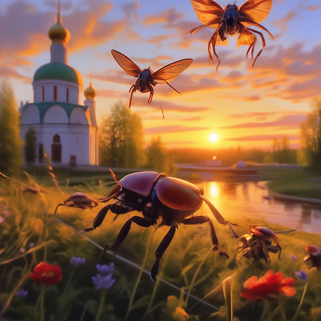 "National Russian fun-catching May bugs at sunset, hyperrealism ...