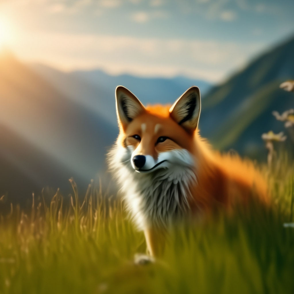"Kitsune, in the mountains, haze, the sun is shining, a lot of grass ...