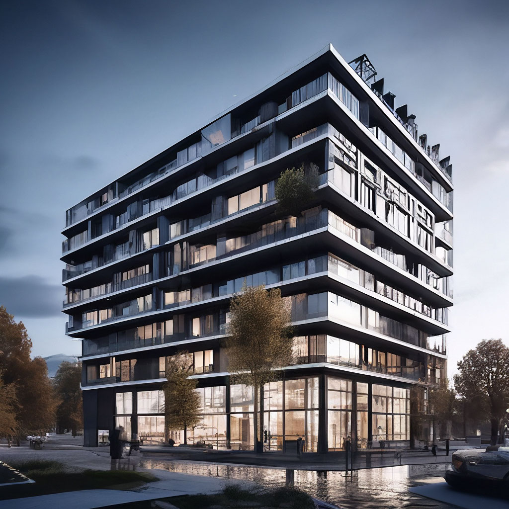 "One large building consisting of several white and black ...