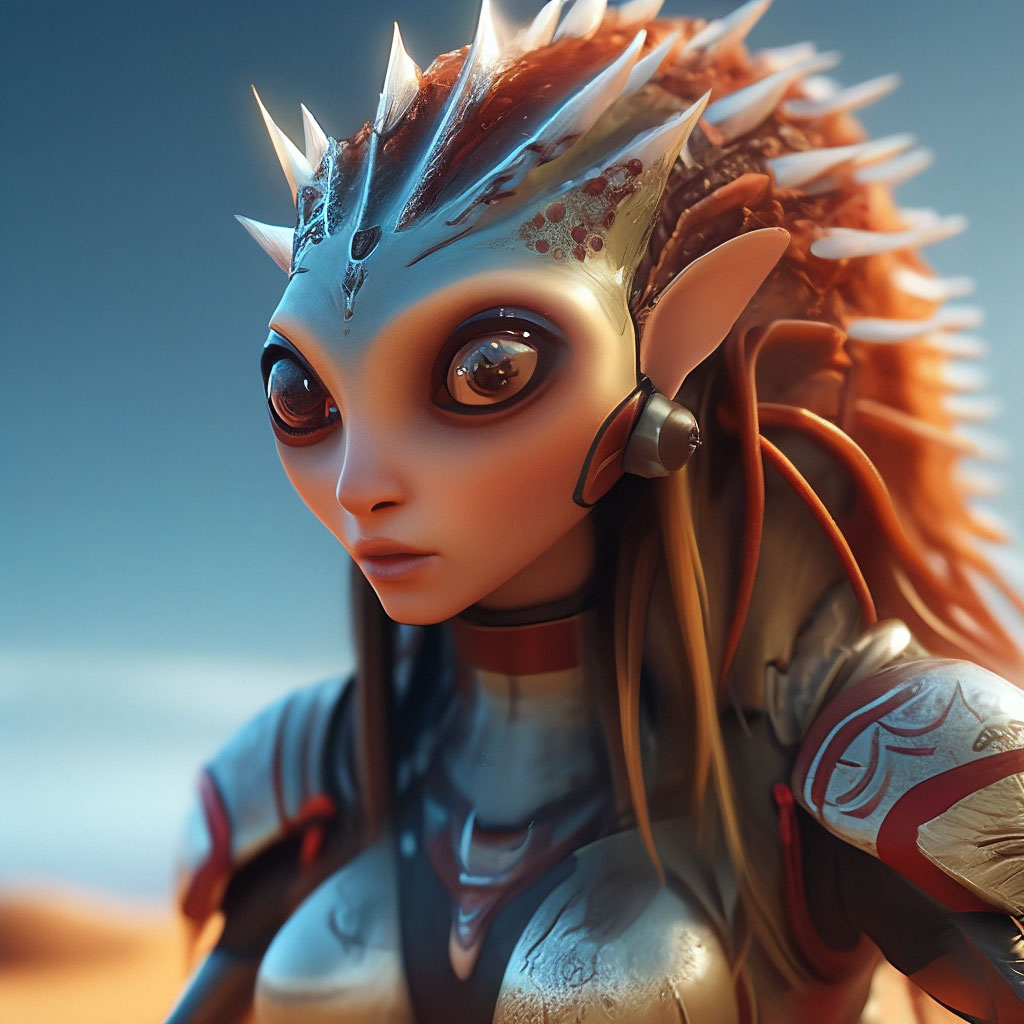 "A seductive alien. humanoid. hairstyle. long hair. wide hips. very big ...