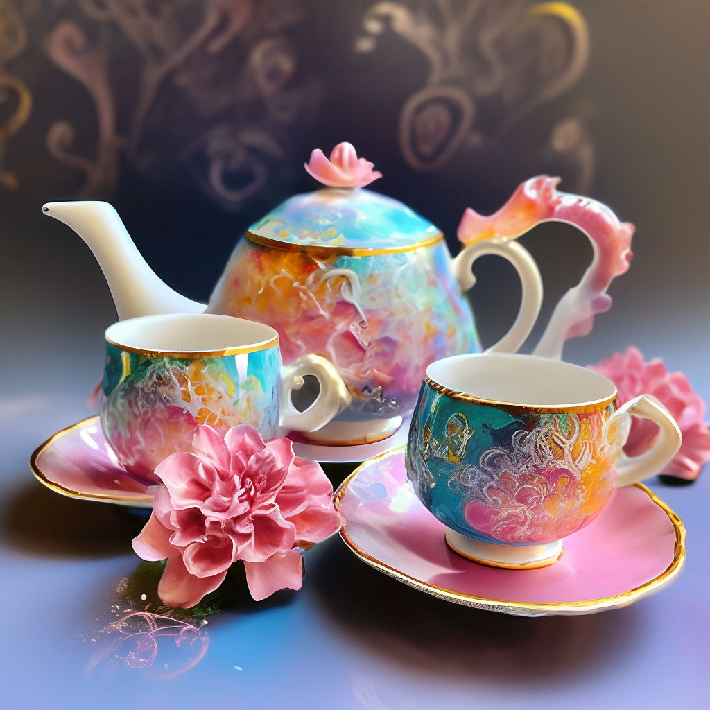 "Elegant tea service, teapot and three cups fine porcelain depicts ...