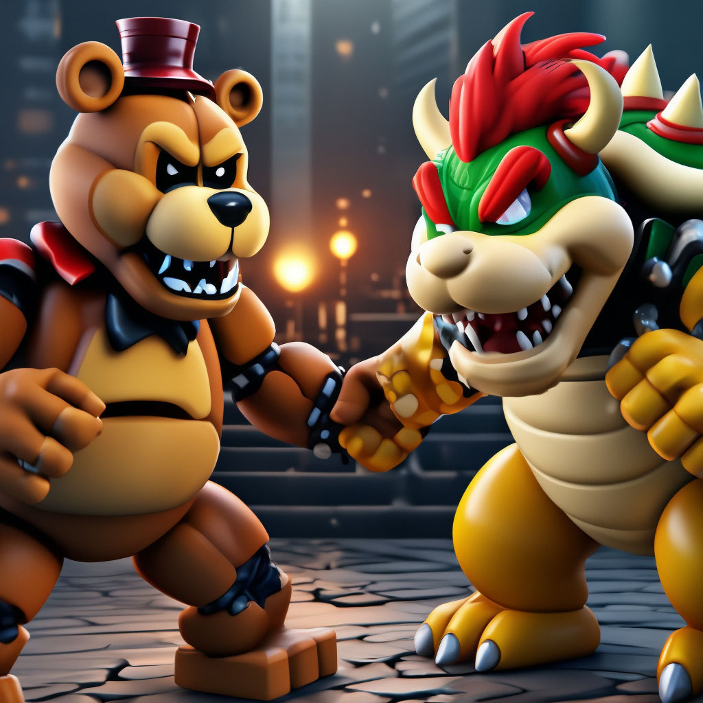 "Freddy bear vs bowser" — image created in Shedevrum