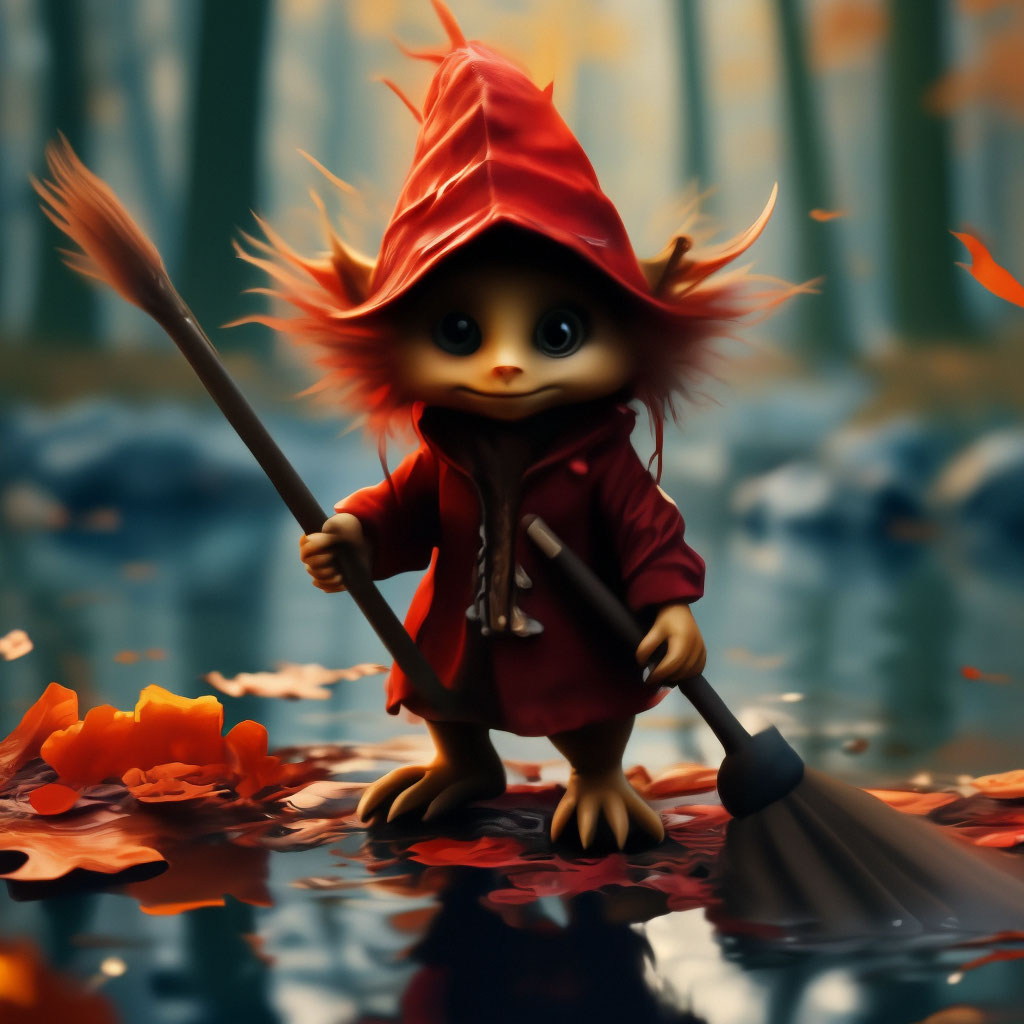"A cute little red troll sweeps leaves with a broom, autumn fairy ...