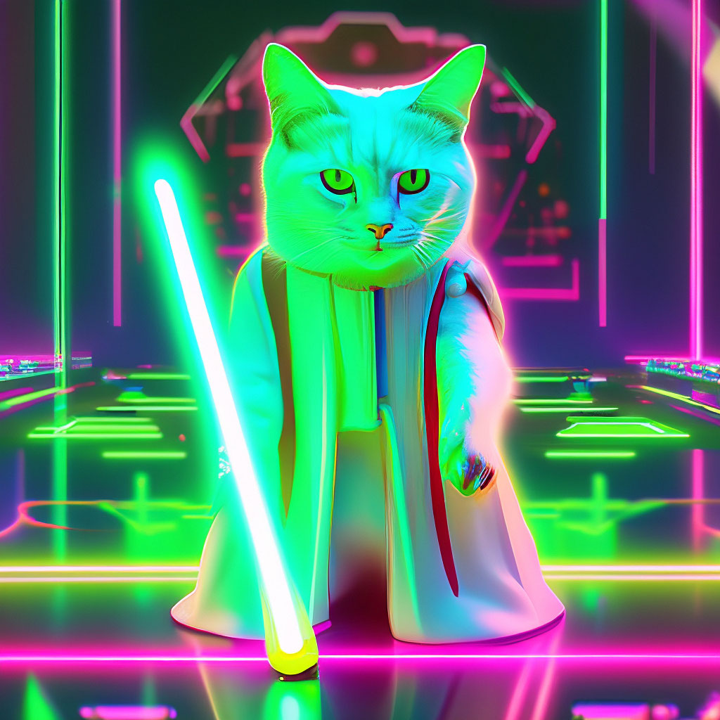 "Jedi Cat with a Lightsaber Green 4K" — image created in Shedevrum