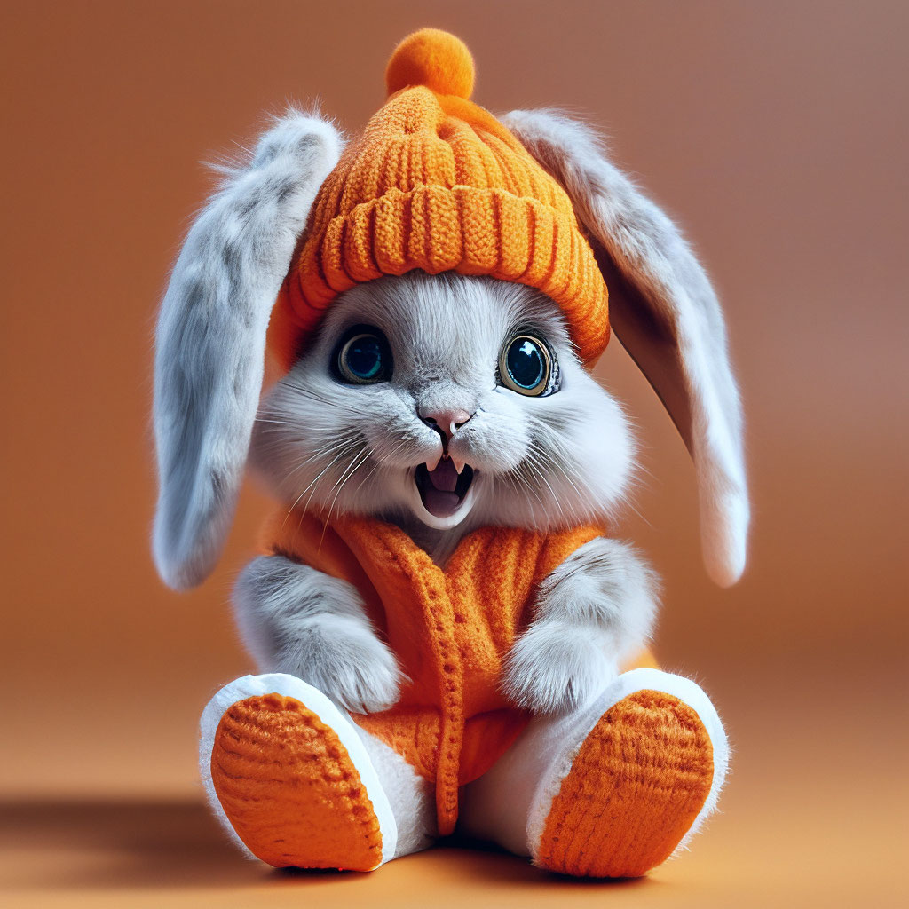 "Creepy, fluffy funny bug-eyed, baby rabbit in a knitted hat with a ...