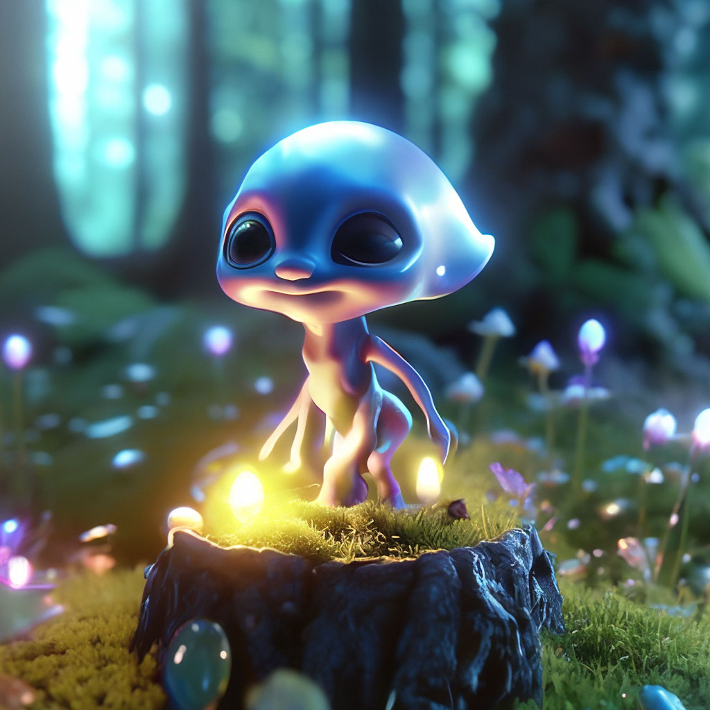 "Fairy forest, a small alien on a stump in the light of the moon,hdri ...