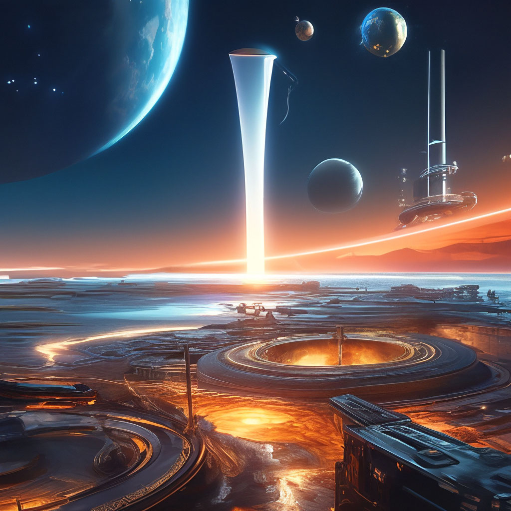 "Galaxy, deep space, funnel, alien landscape, stars, planets, sea, very ...