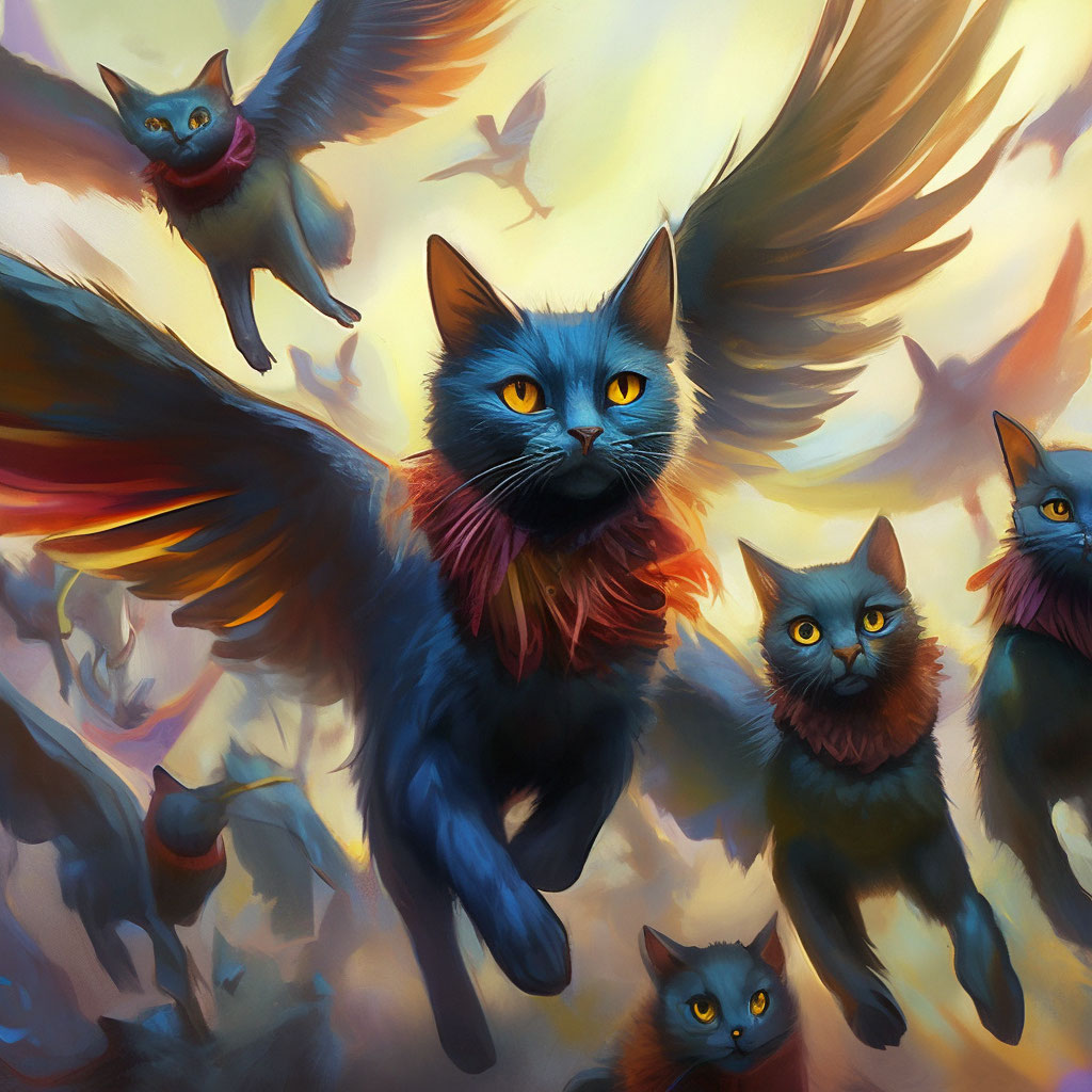 "A flock of well-fed winged cats with luxurious tails and charming ...