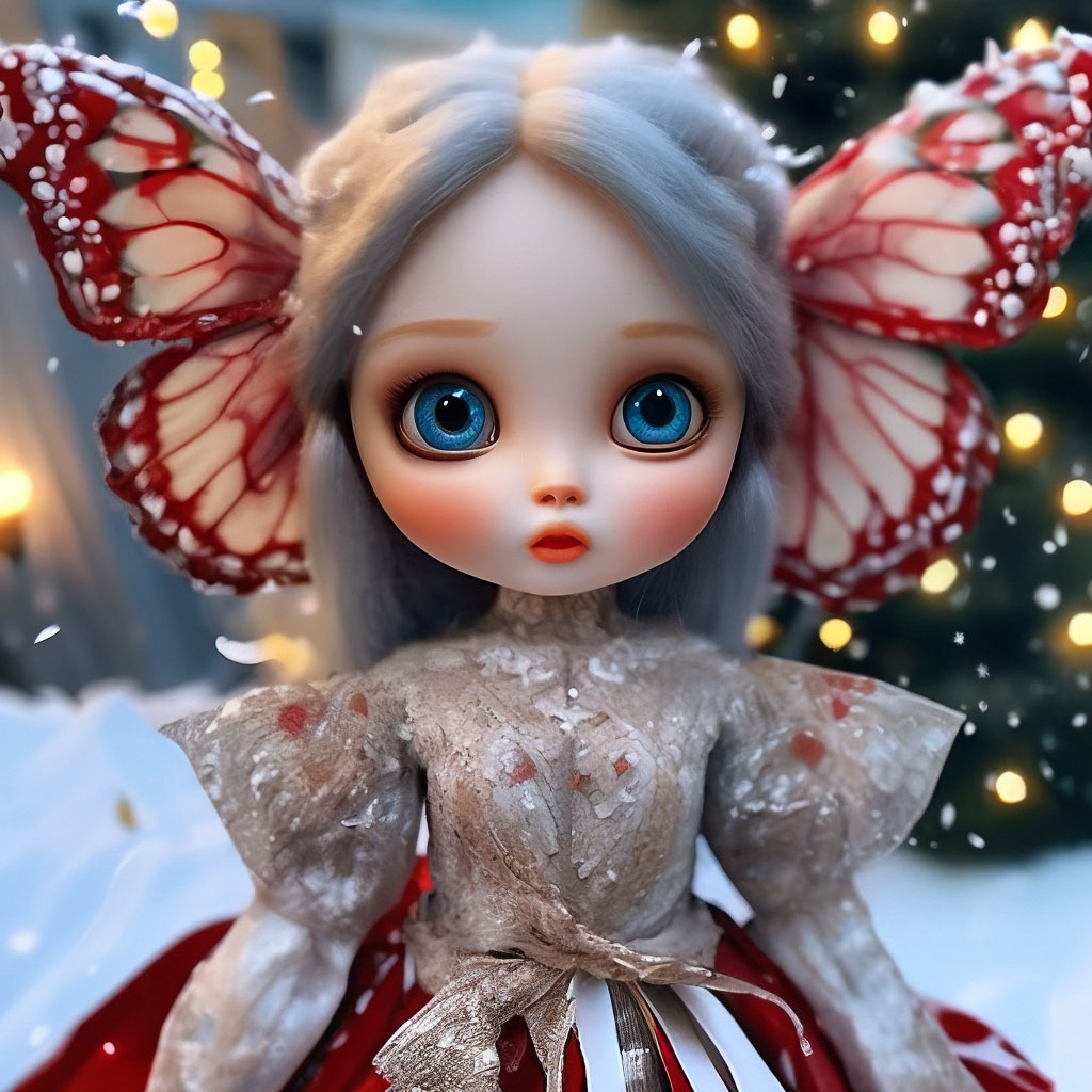 "A doll turns into a butterfly with big huge eyes , photorealism ...