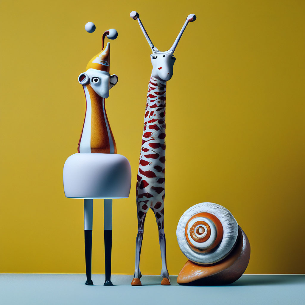 "Snail and clown mannequin with giraffe in Mathis style intricate ...
