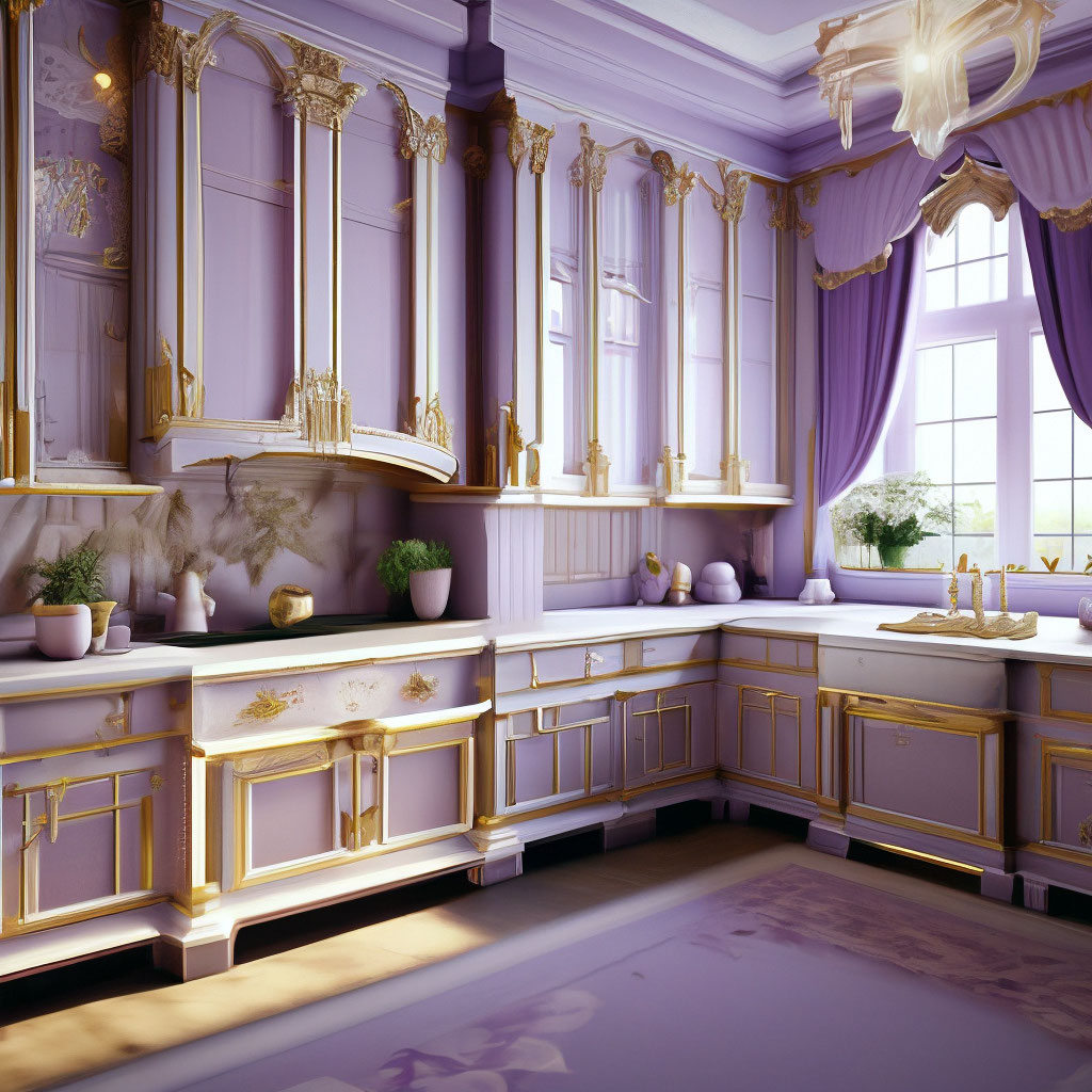 "Kitchen interior room design, pale purple design of wall panels in the ...