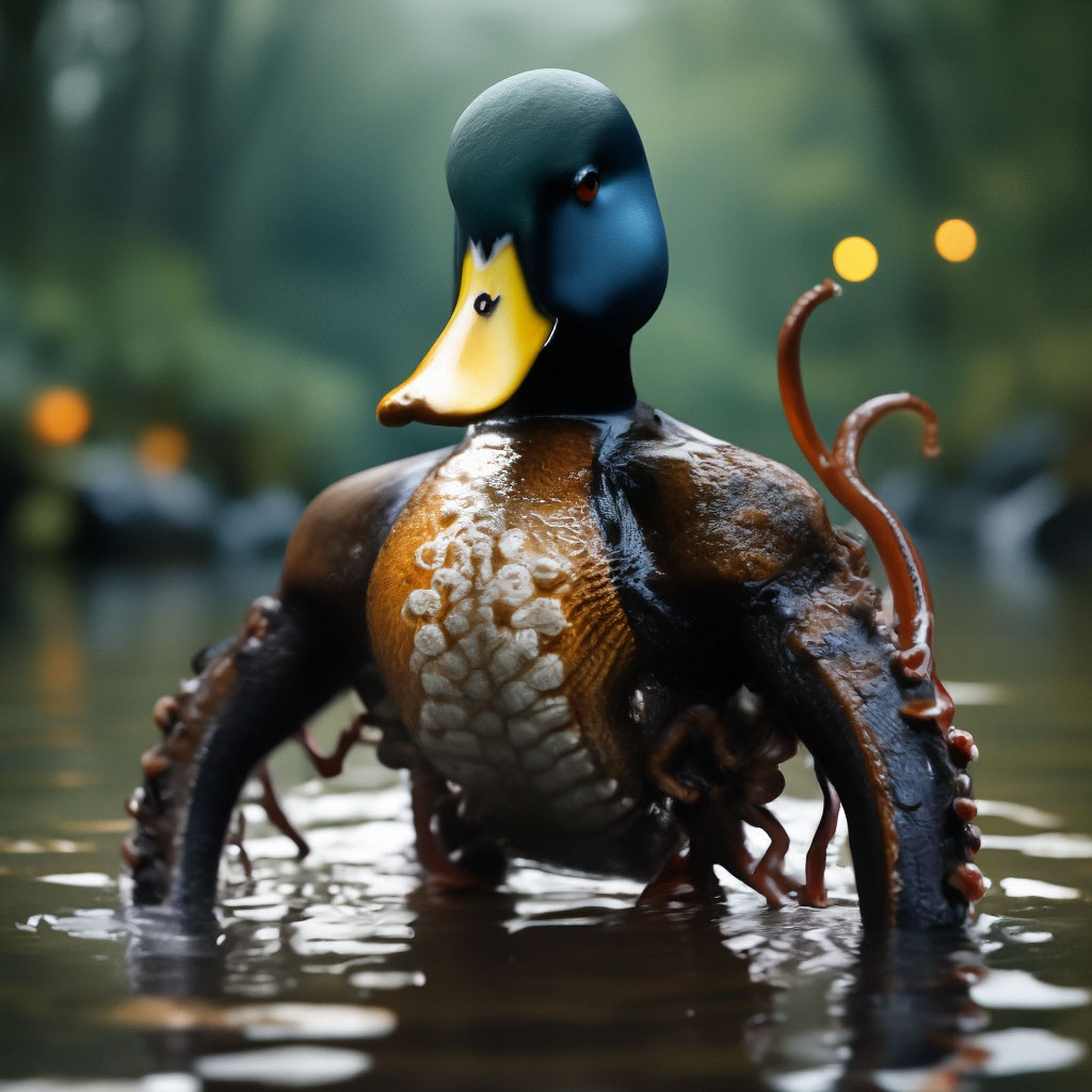"Orthropomorphic octopus + duck = mallard" — image created in Shedevrum