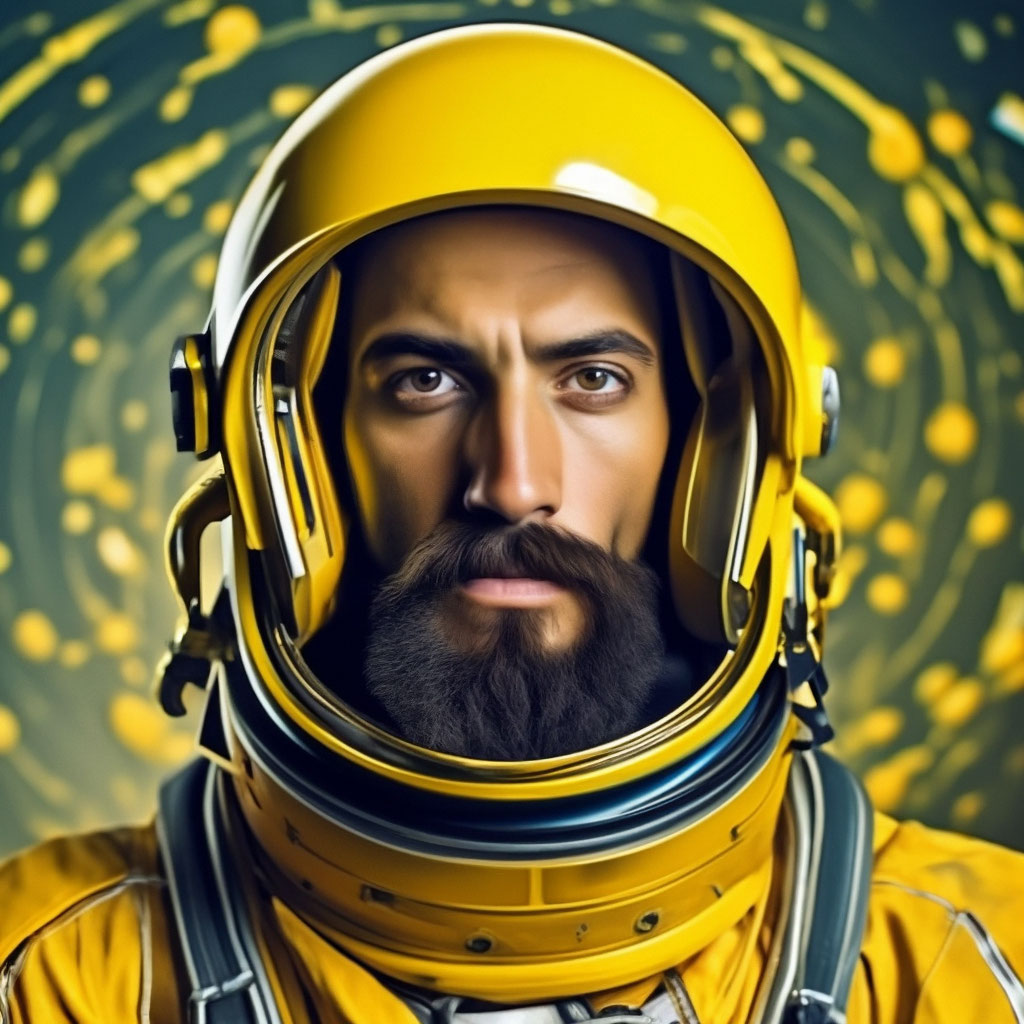 "An astronaut in a yellow spacesuit with a beard and an Arab nose ...