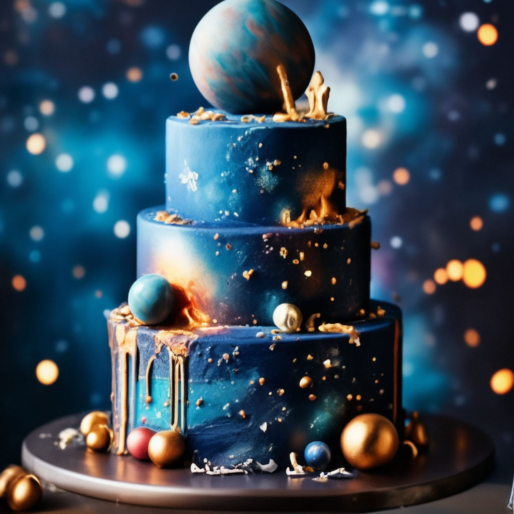 "Space multi-storey cake decorated with planets, candies, stars, a ...