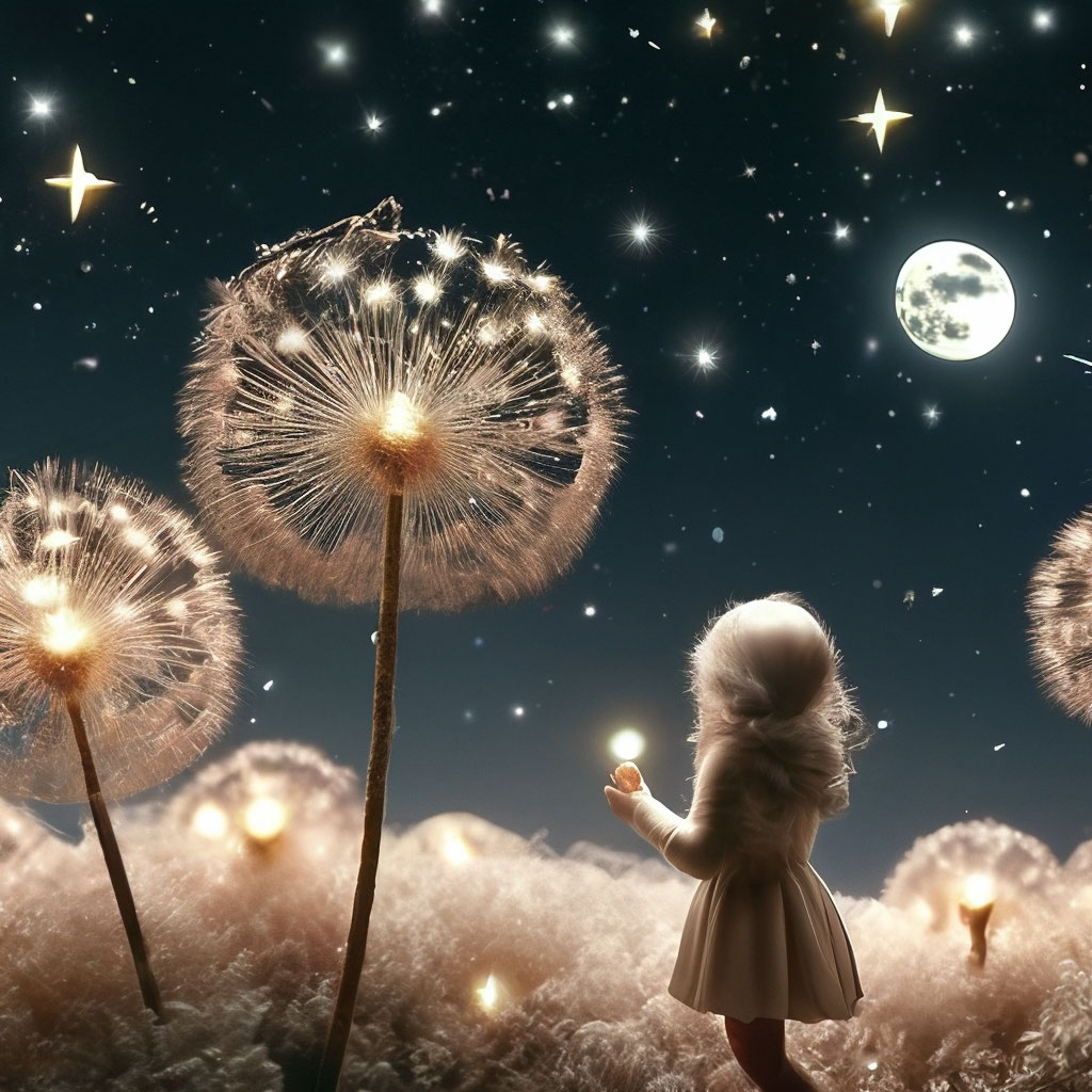 "A very fluffy Christmas tree made of many dandelions,crescent moon ...