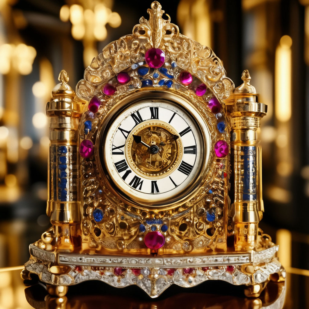 "A luxurious filigree table clock inlaid with shining rubies and ...