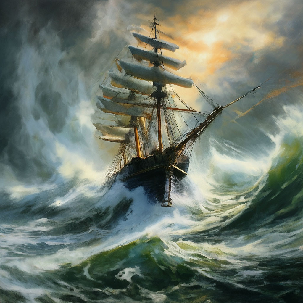 "A Masterful Oil painting - A Tall Ship, Violent Storm, Massive Waves ...