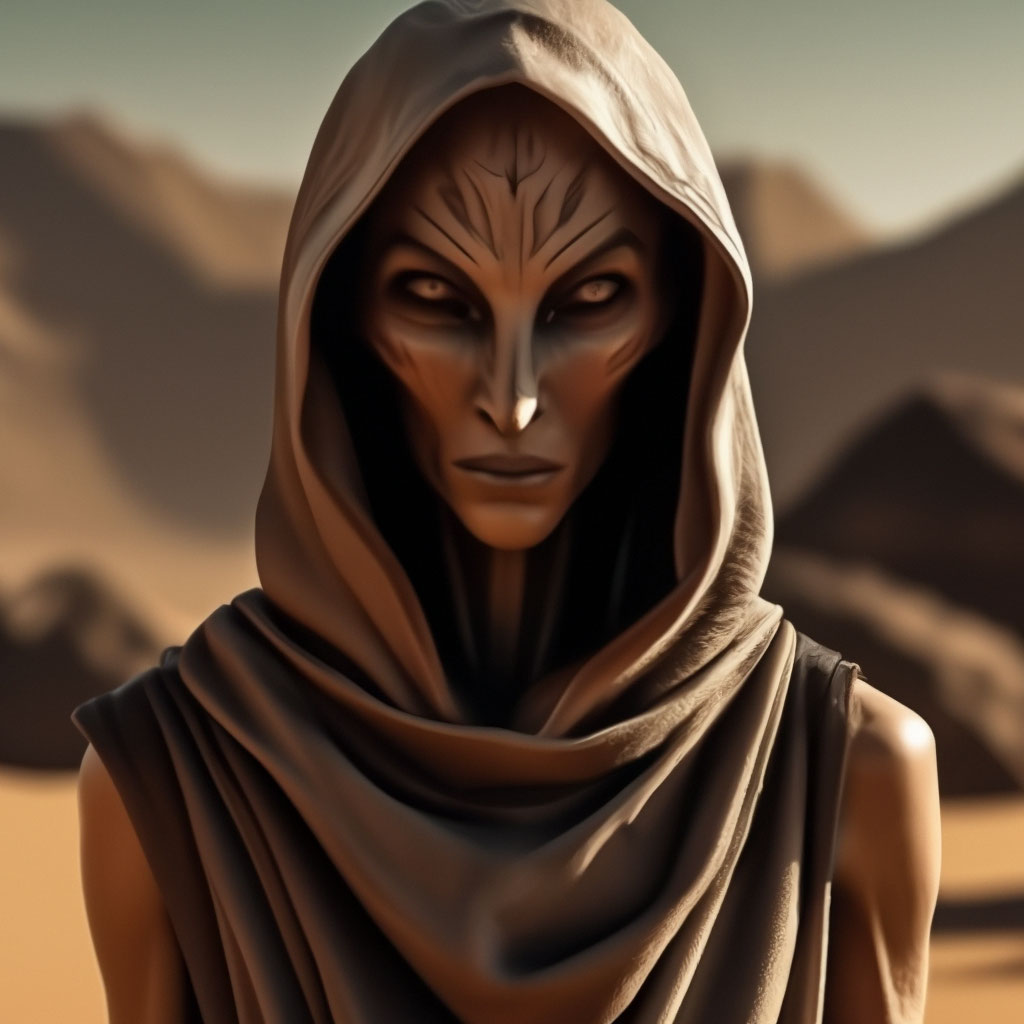 "Very slim and tall female alien creature merchant on a desert un the ...