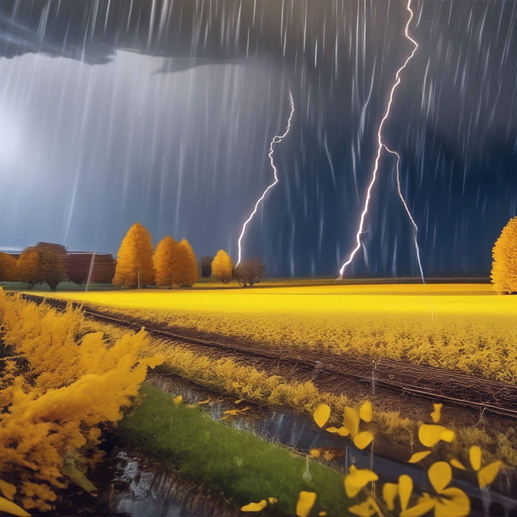 "There is heavy rain in the field, thunder and lightning, autumn yellow ...