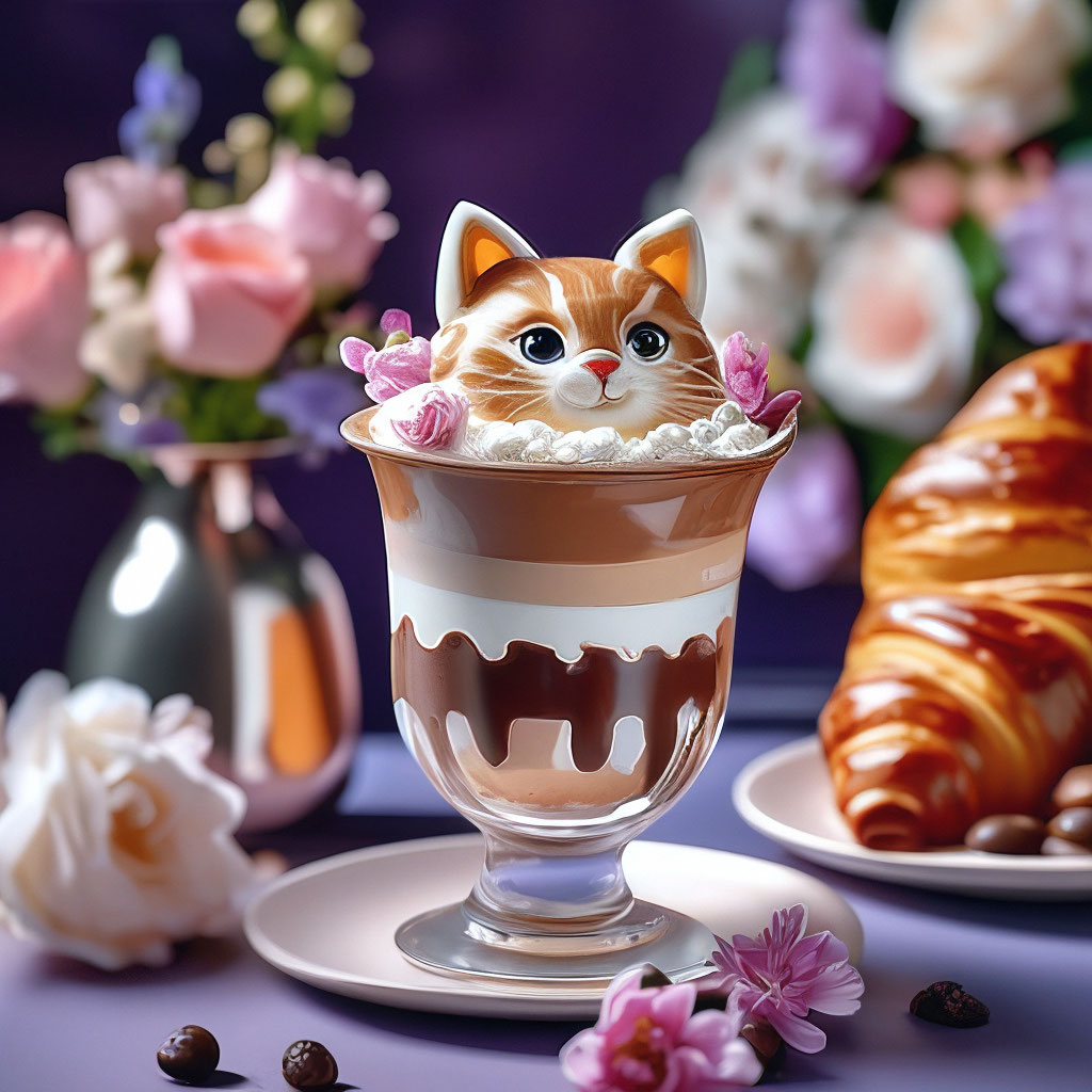 "Delicious parfait, cappuccino coffee with foam in the form of a cat ...