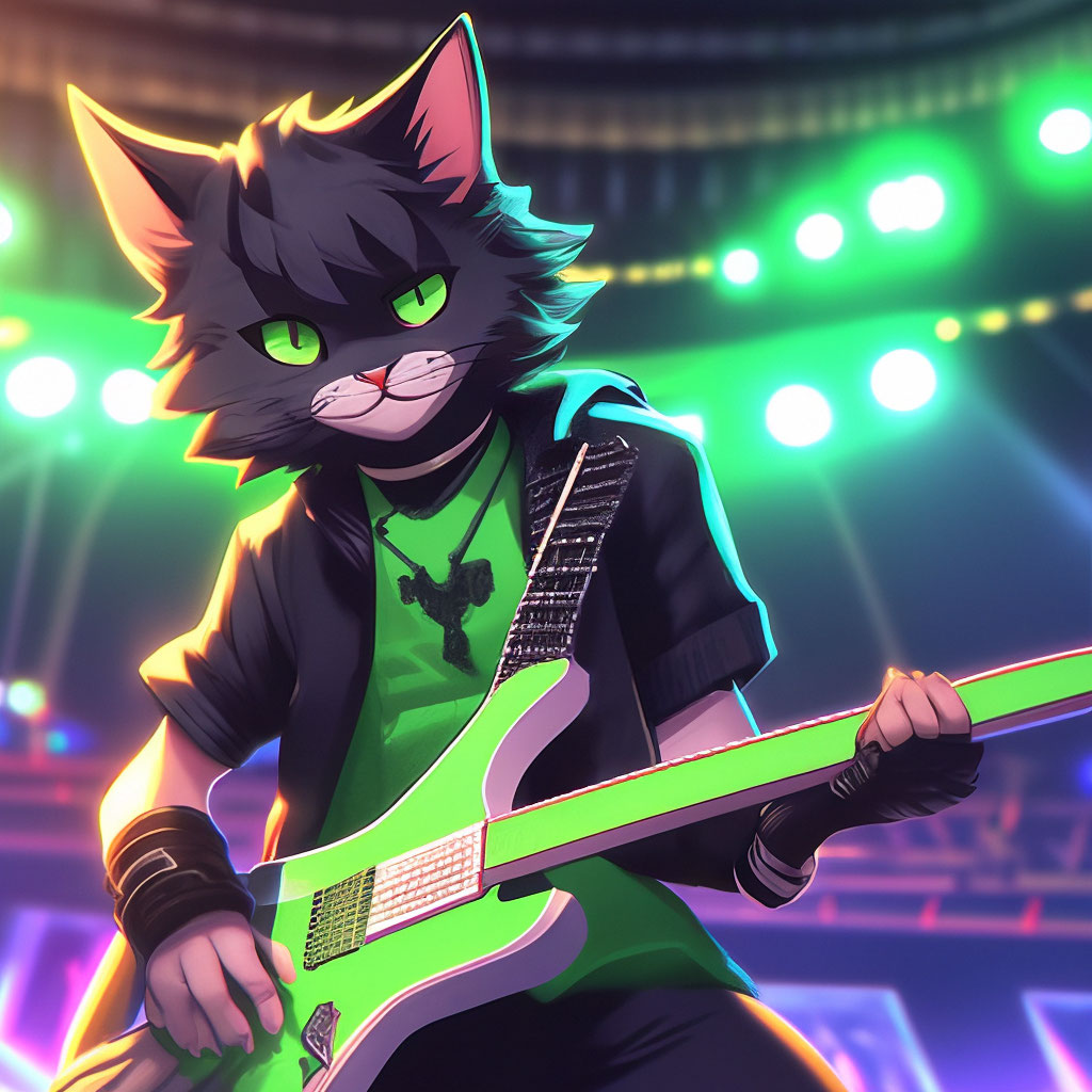 "Furies black male cat, playing guitar, on stage, there is a microphone ...