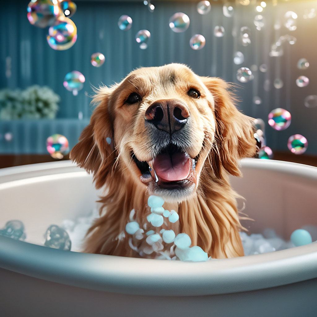 "Dog in a bubble bath, beautiful, realistic, professional photo, 4k ...